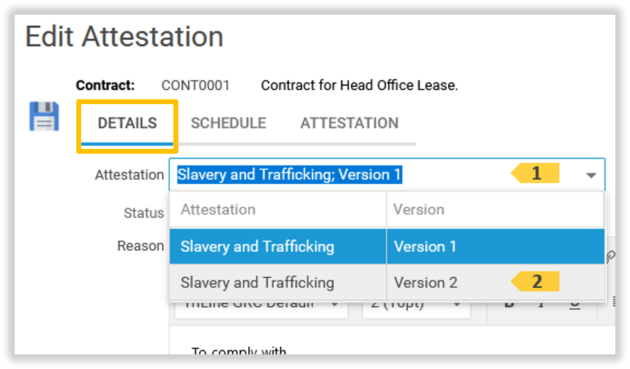 The newly selected Attestation Type Version will display in the ...